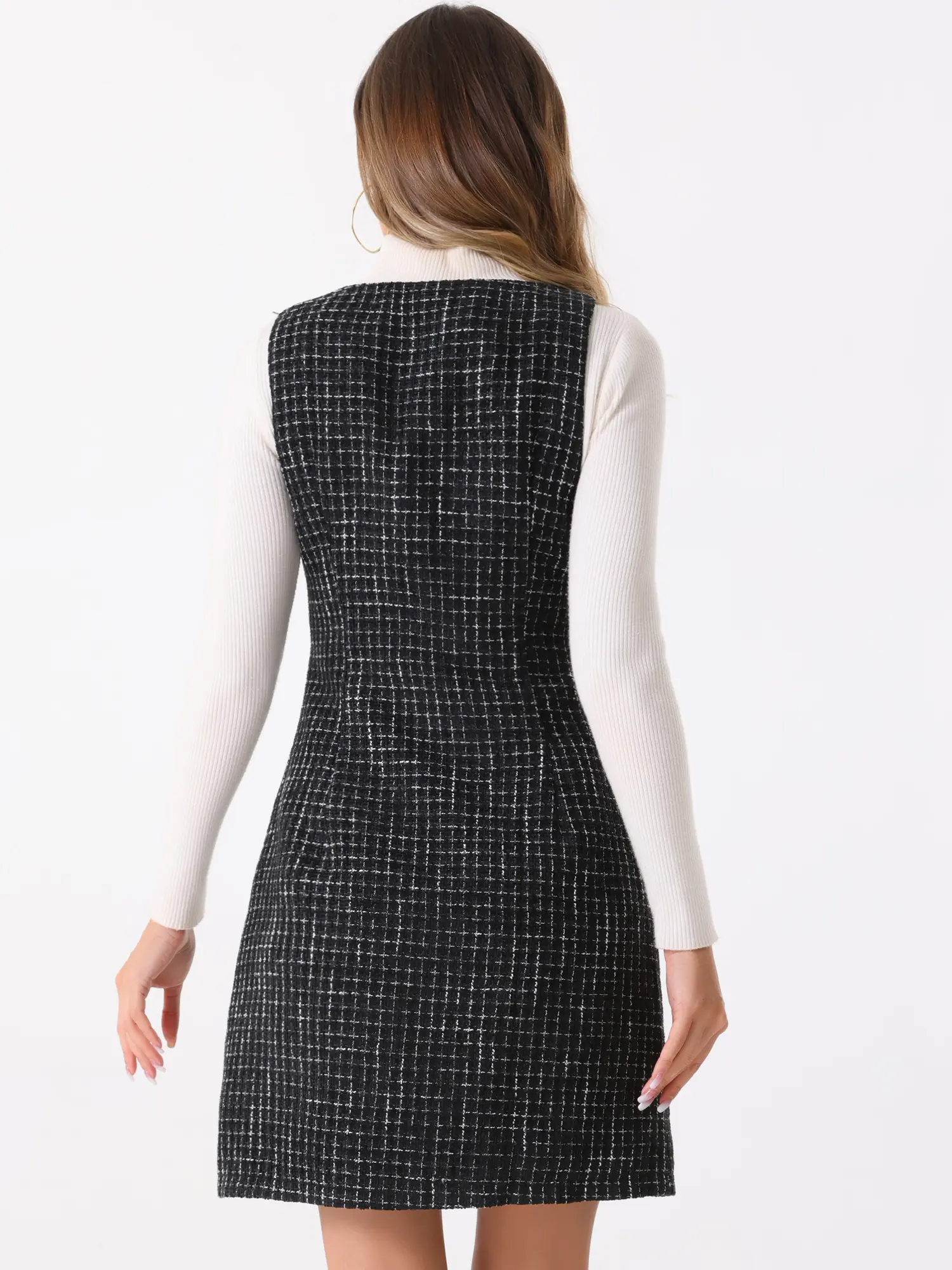 INSPIRE CHIC Tweed Sleeveless Square Neck Button Up A-Line Pinafore ...
