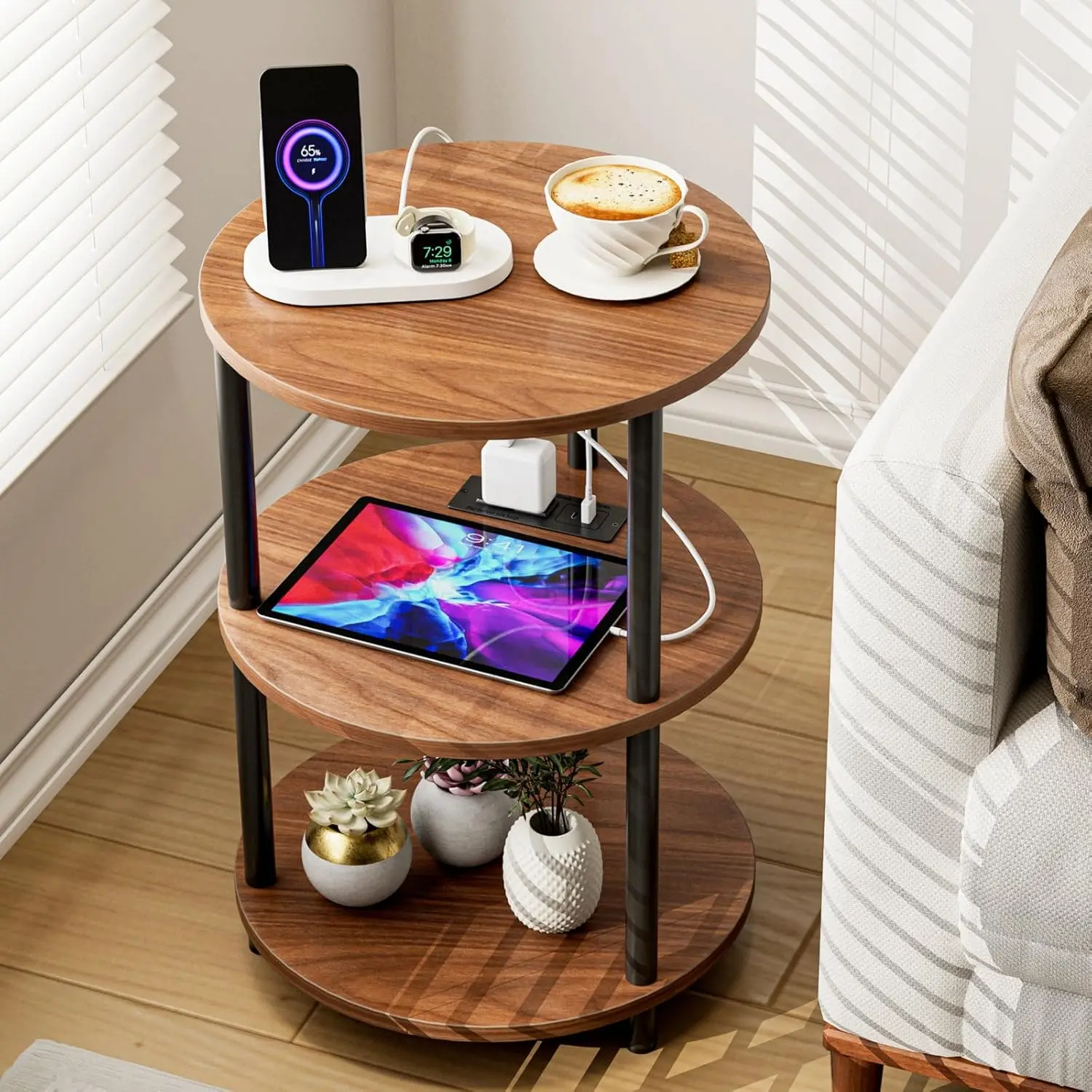 Small Round End Table - 3 Tier Design Accent Table, Narrow Side or ...
