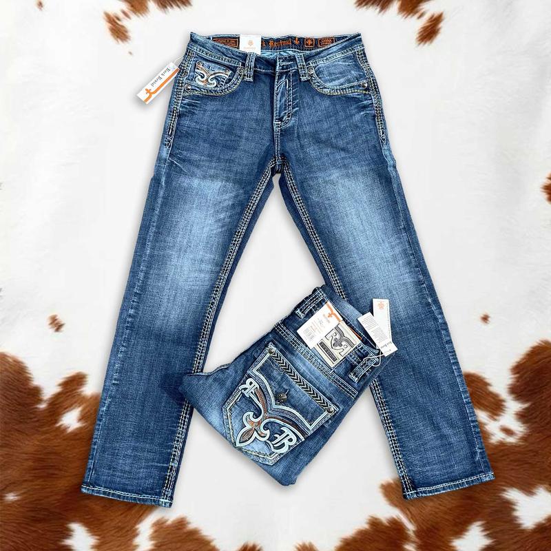 Y2K Men's Rock Revival Straight-Leg Slim Jeans with RR Embroidery, Rock ...