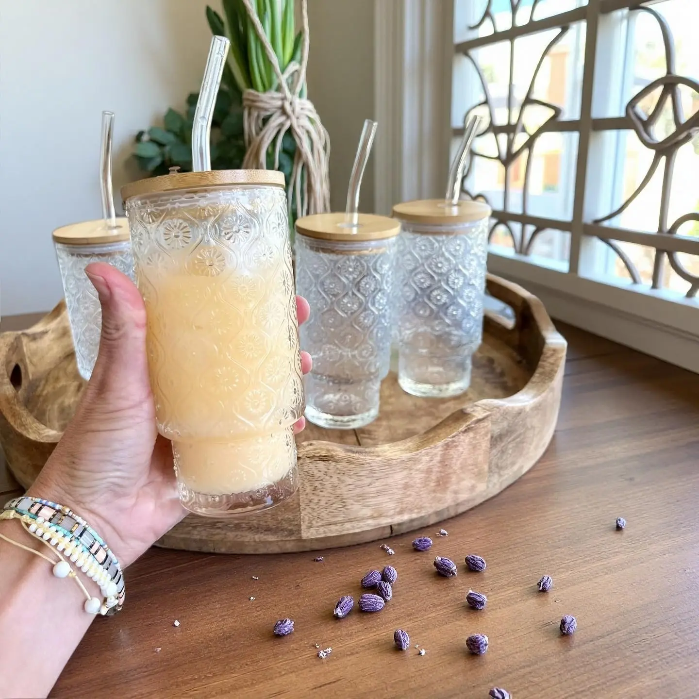 4Set Iced Coffee Glass Tumbler with Lid and Glass Straw Set - 11oz/20oz ...