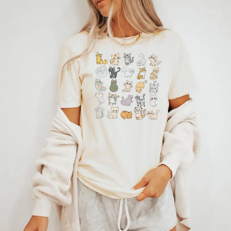 Cute Cat Doodle T Shirt Pastel Kawaii Cartoon Cats Graphic Tee Adorable ...