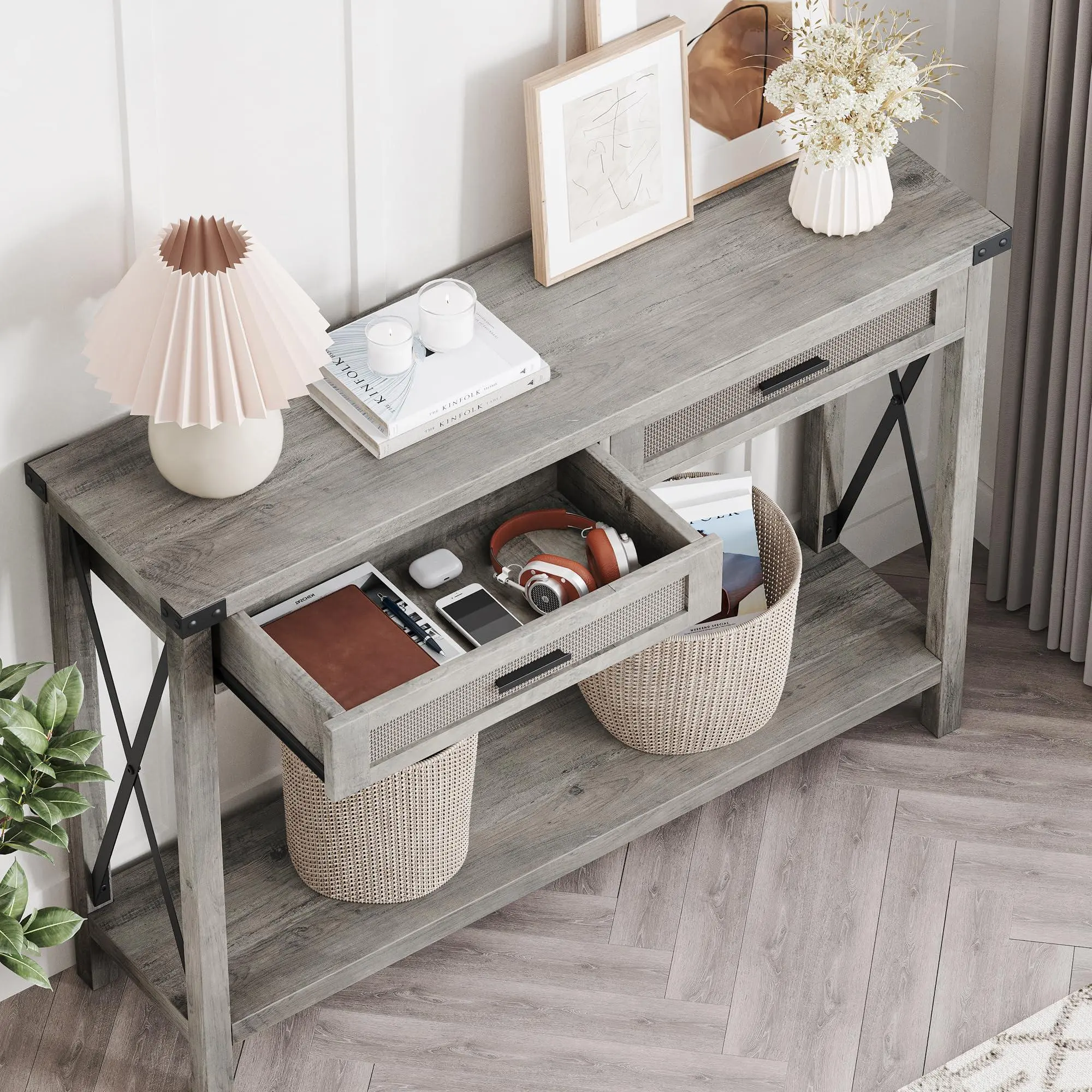 Farmhouse Entryway Table, Grey Console Table with Rattan Drawers, 43 ...