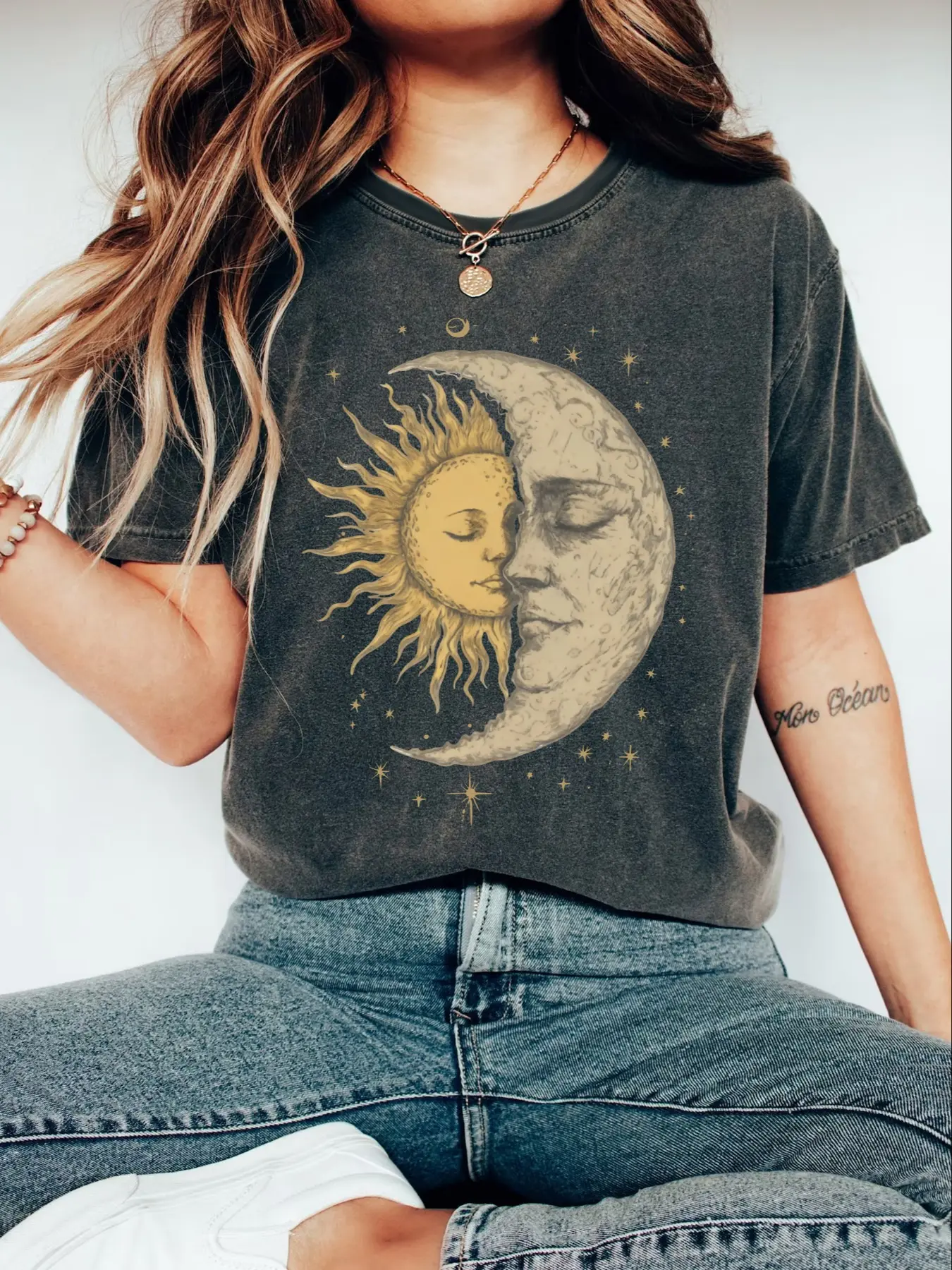Mystical Sun And Moon Face Graphic T-Shirt, Yin Yang Tee, Hippie ...