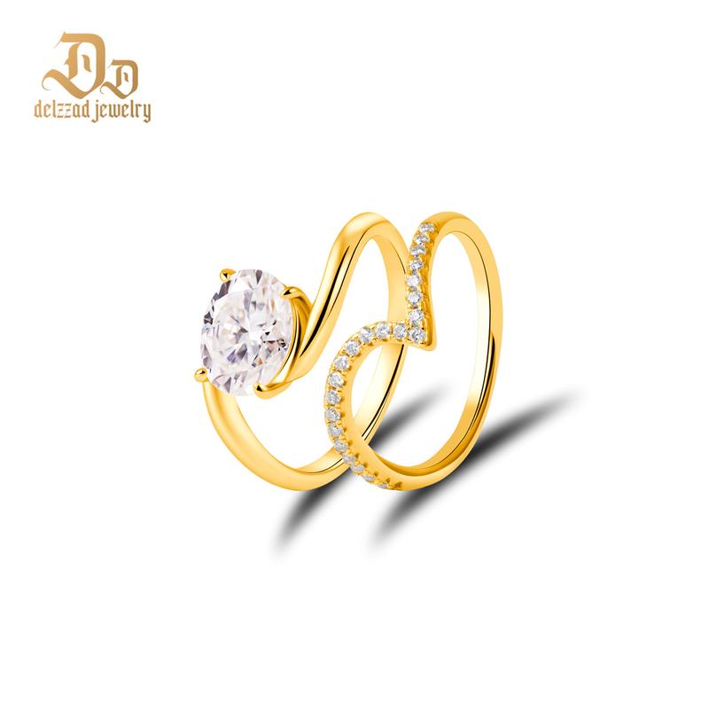 Delzzad Two-Piece Stacking Oval Love Heart Ring Synthetic Moissanite S925 Engagement Ring ...