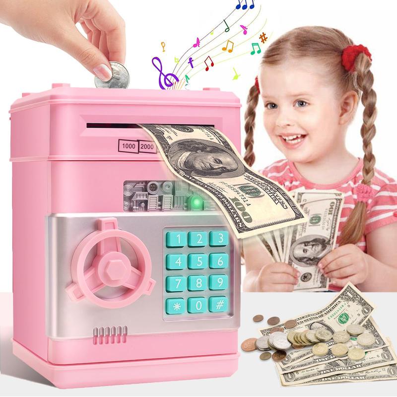 Pink Piggy Bank for Kids with Password Code Lock and Auto Grab Bill ...