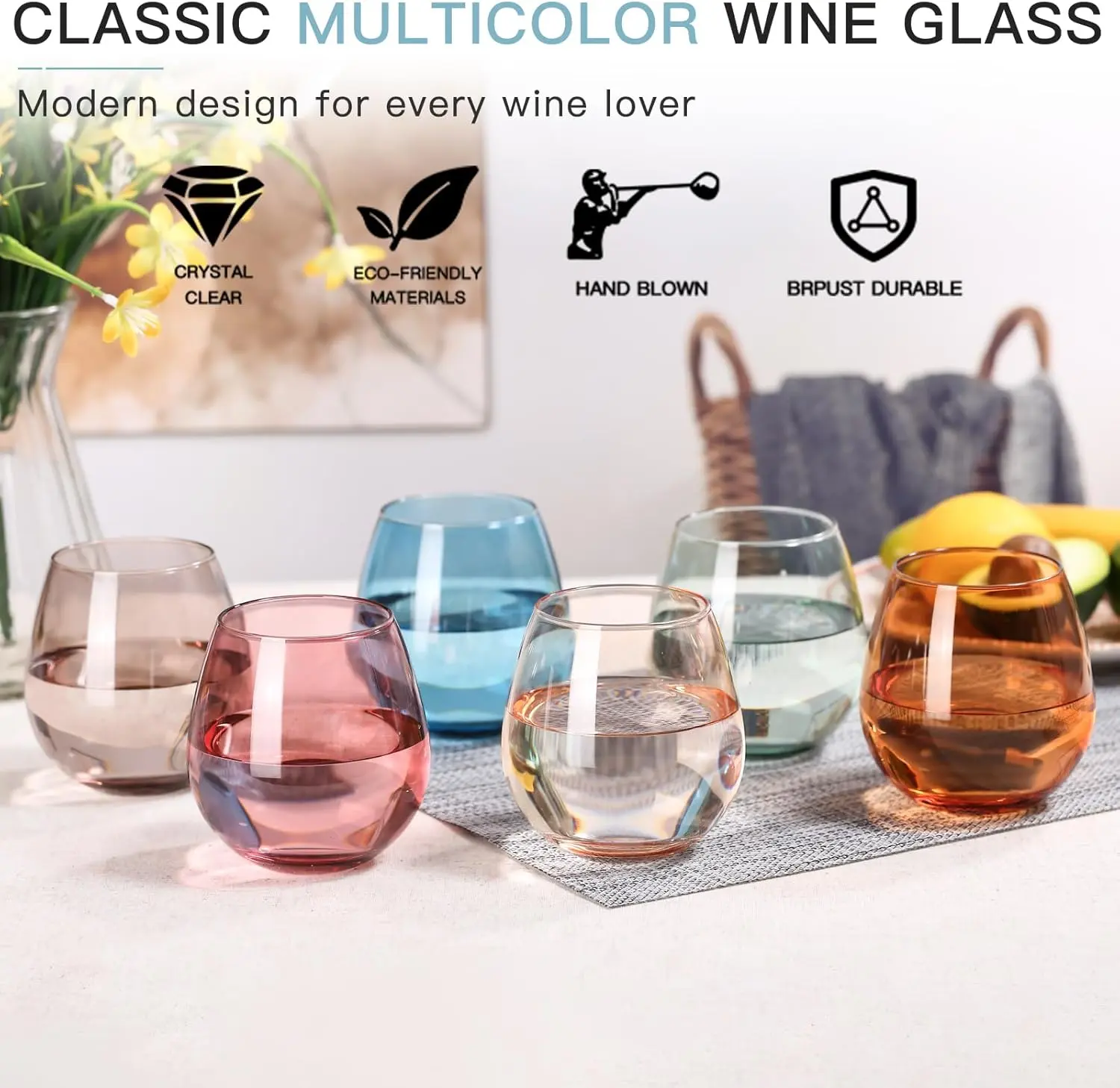 Colored Stemless Glasses Set of 6-15 oz -Modern Hand-Blown Glasses ...