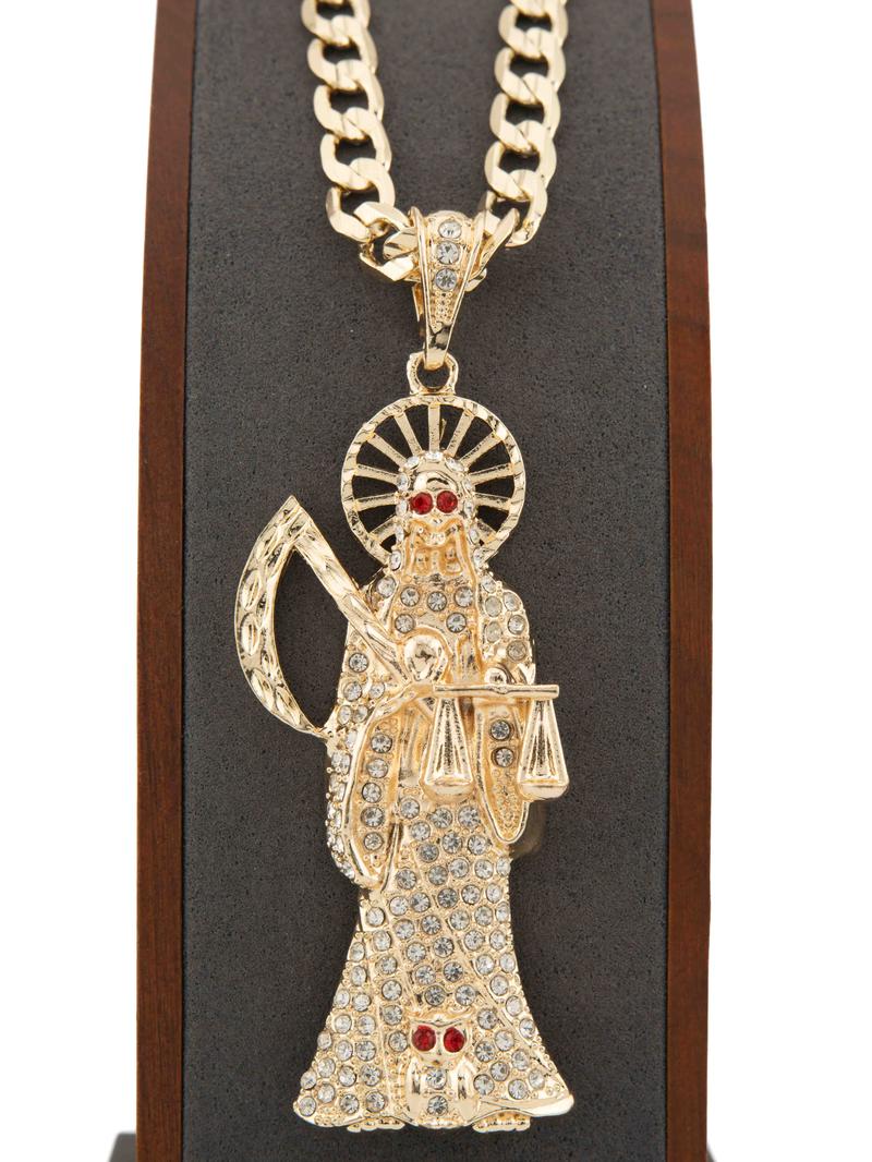 New Large Gold-Plated Santa Muerte Pendant with Clear Stones 24-Inch ...