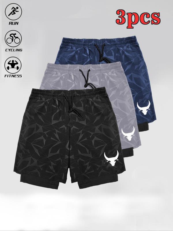 Men's Regular Fit Bull Head Print 2 in 1 Gym Shorts, Casual Comfy ...