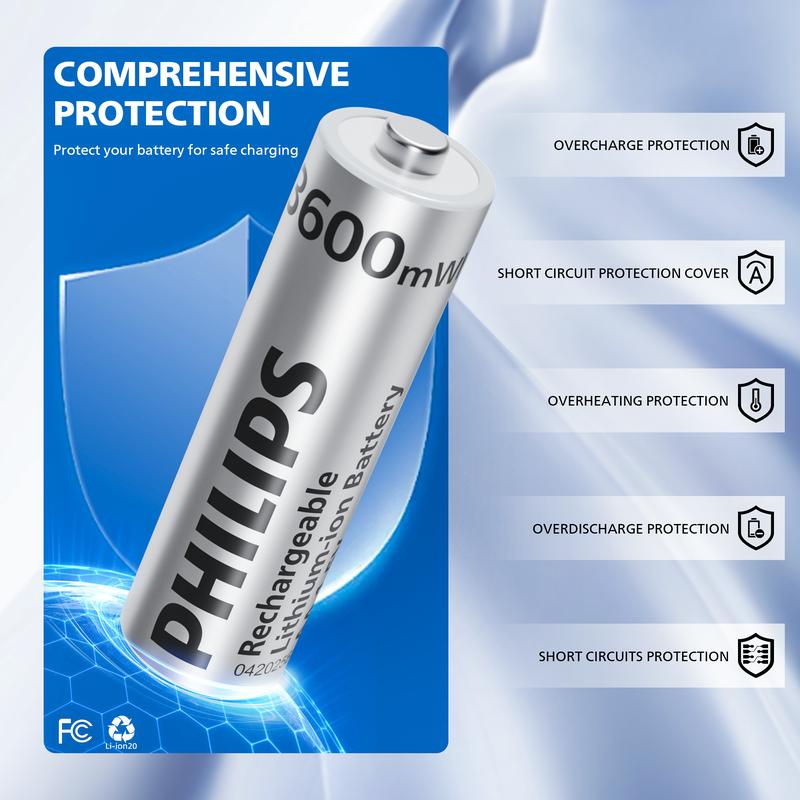 Philips 1.5V Rechargeable AA Lithium Batteries 16 Pack, 3600mWh High ...