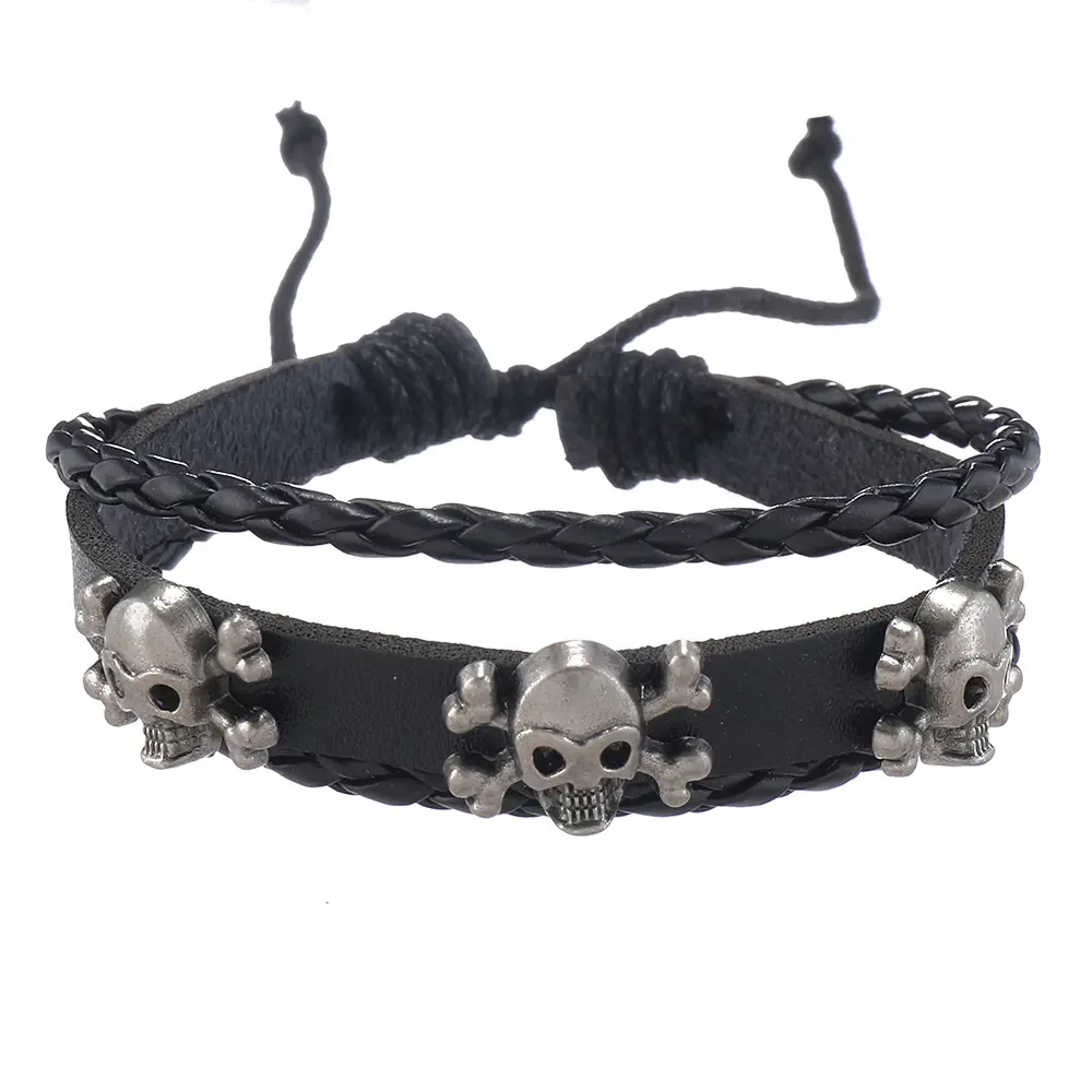 Men's Multi-Layer Black Leather Bracelet with Skull Star Spiked Hip Hop ...