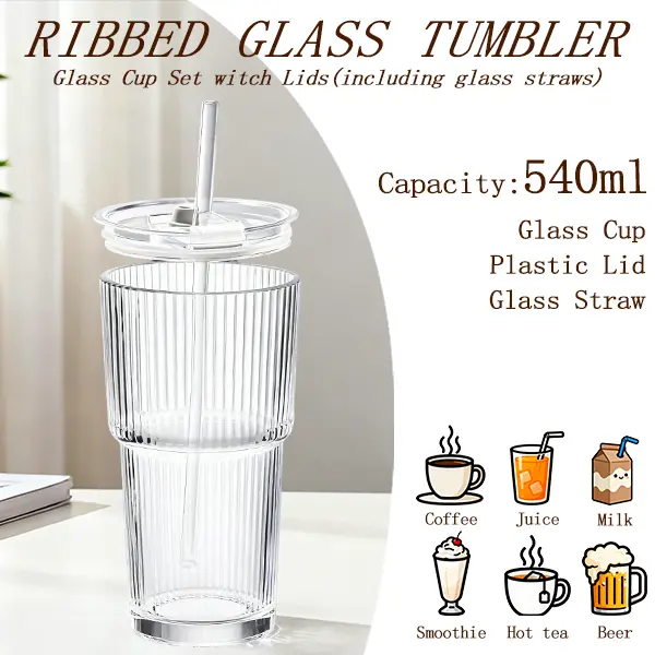 4-Pack Stylish Ribbed Glass Tumblers, 18oz (540ml) Large Capacity Straw ...