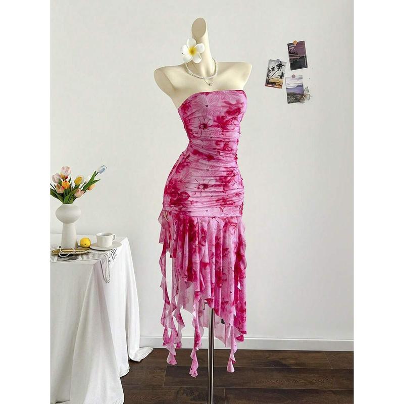 Pink Floral Mesh Ruffled Tie Strap Dress For Women, Romantic Holiday/Date/Afternoon Tea/Beach ...