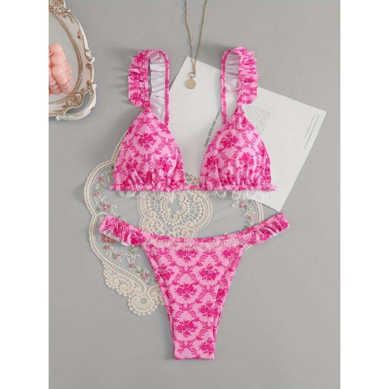 Frilly Lace Trim Two-Piece Bikini Set for Women, Floral Print, Thin ...
