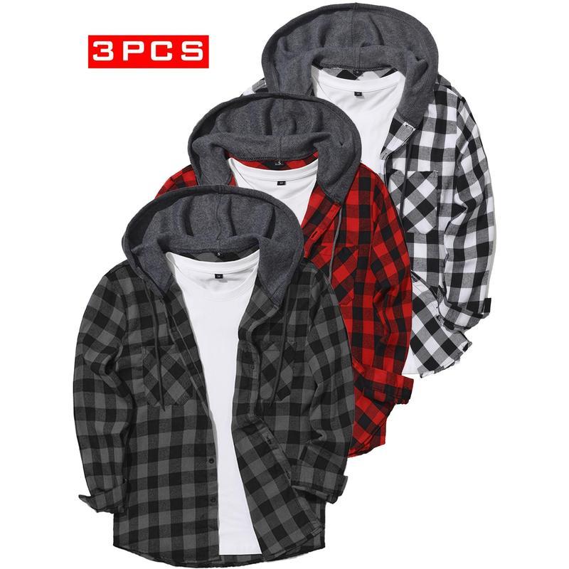 3-Pack Men's Flannel Hoodie Shirts - Plaid Button- Long Sleeve Casual ...