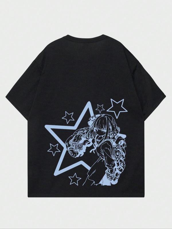 Men's Star & Cartoon Print Drop Shoulder Tee, Street Fashion - TikTok Shop