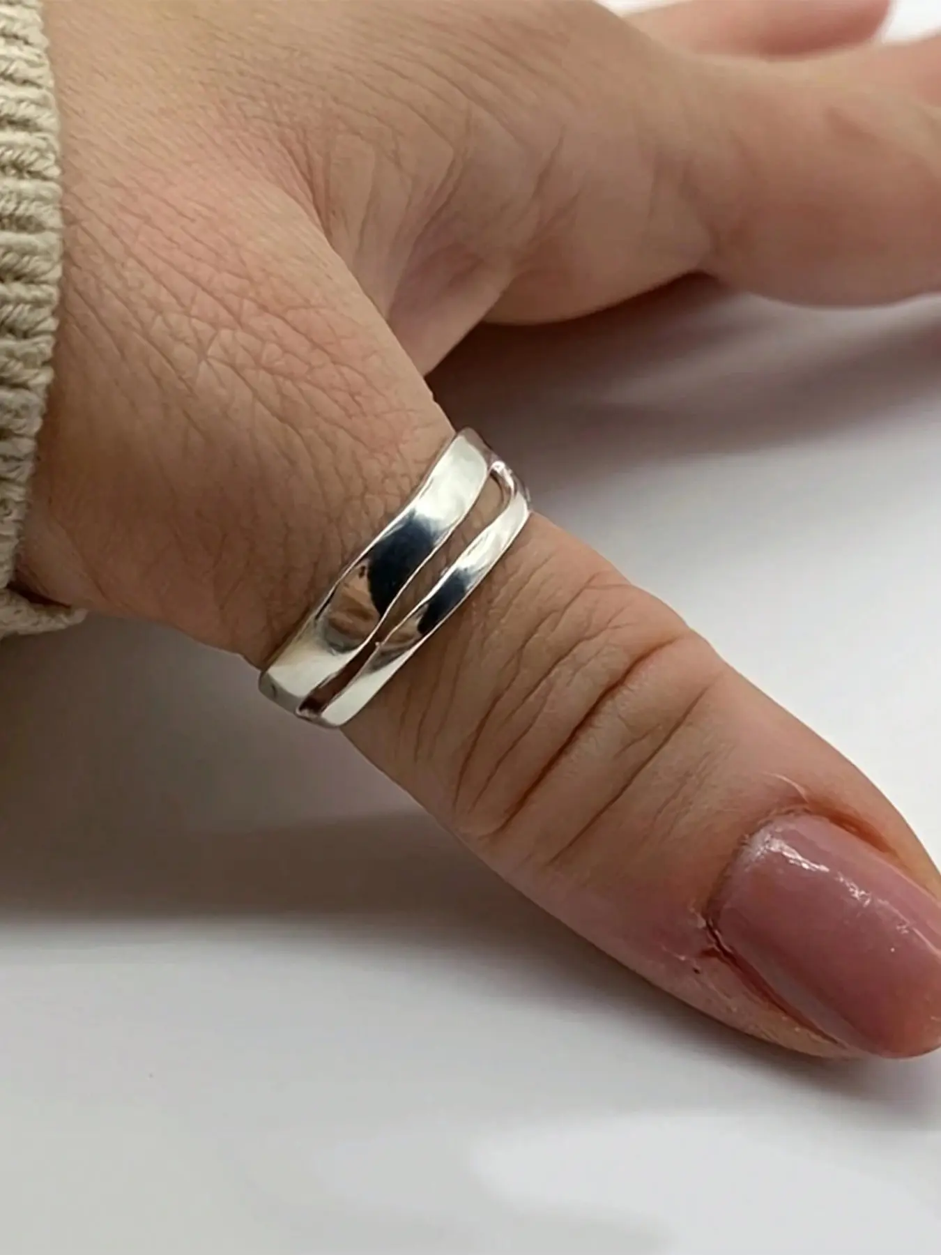 1pc Thick Asymmetrical Double-Layer Smooth Silver Adjustable Ring ...