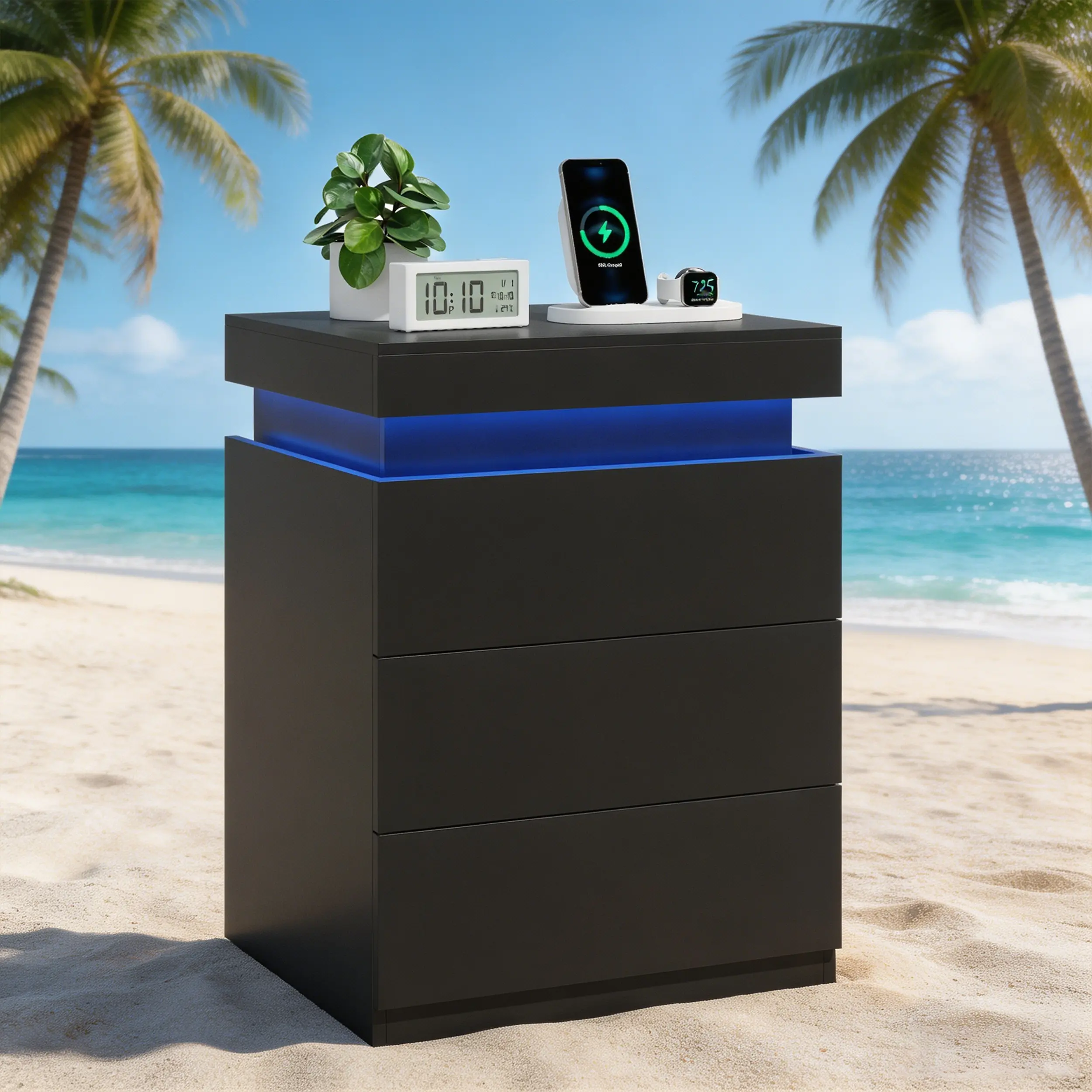 Modern Nightstand with Sliding Top Charging Station LED Lights 3 ...
