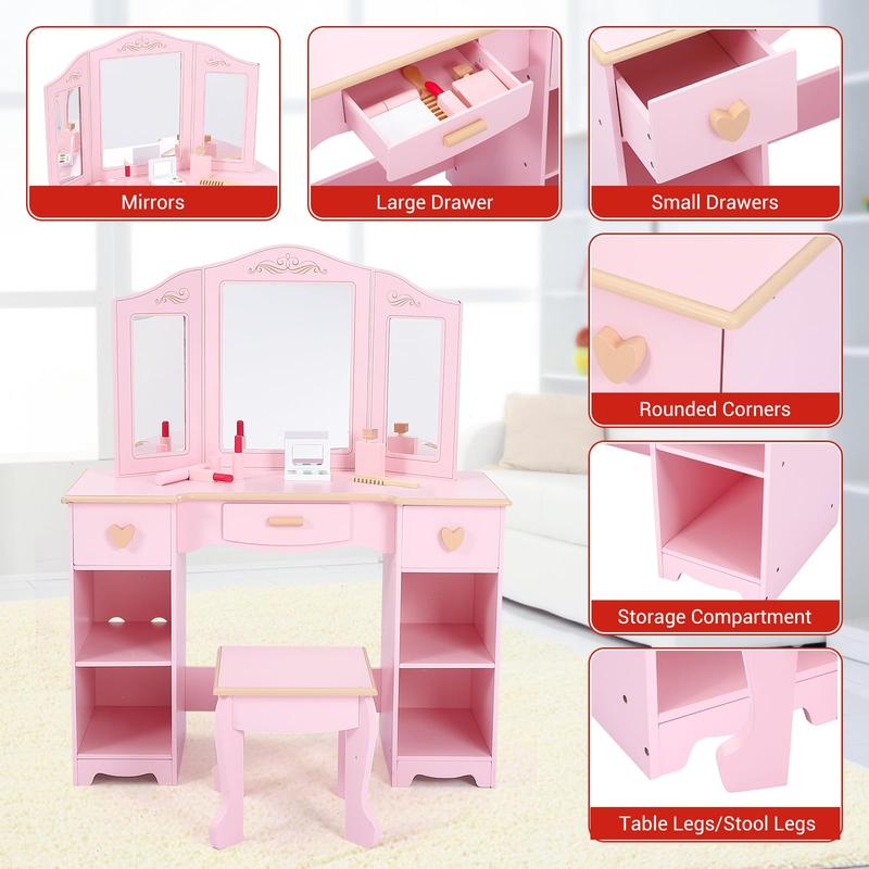 Kids Vanity Set with Tri-Fold Mirror & Stool - Pink Pretend Play Makeup ...