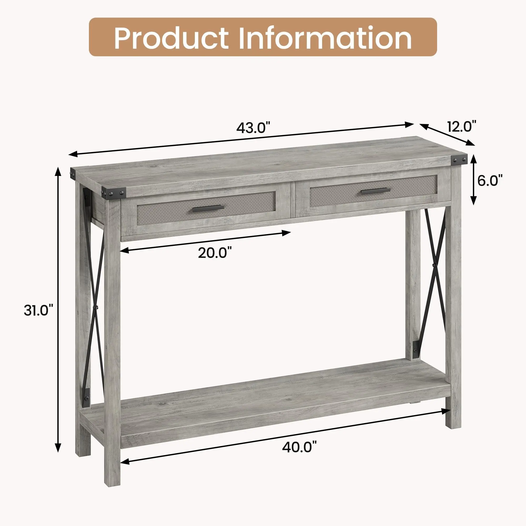 Farmhouse Entryway Table, Grey Console Table with Rattan Drawers, 43 ...