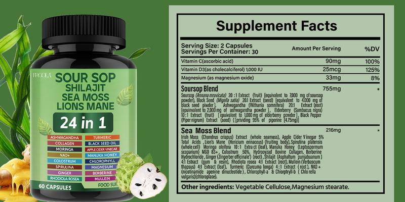 FRCOLA SOURSOP 24 IN 1 Supplements- Soursop, Shilajit, Sea Moss, Lion ...