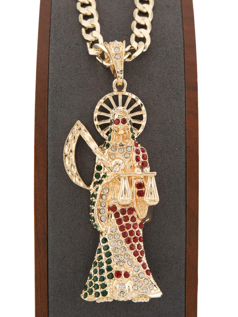New Large Gold-Plated Santa Muerte Pendant with Clear Stones 24-Inch ...