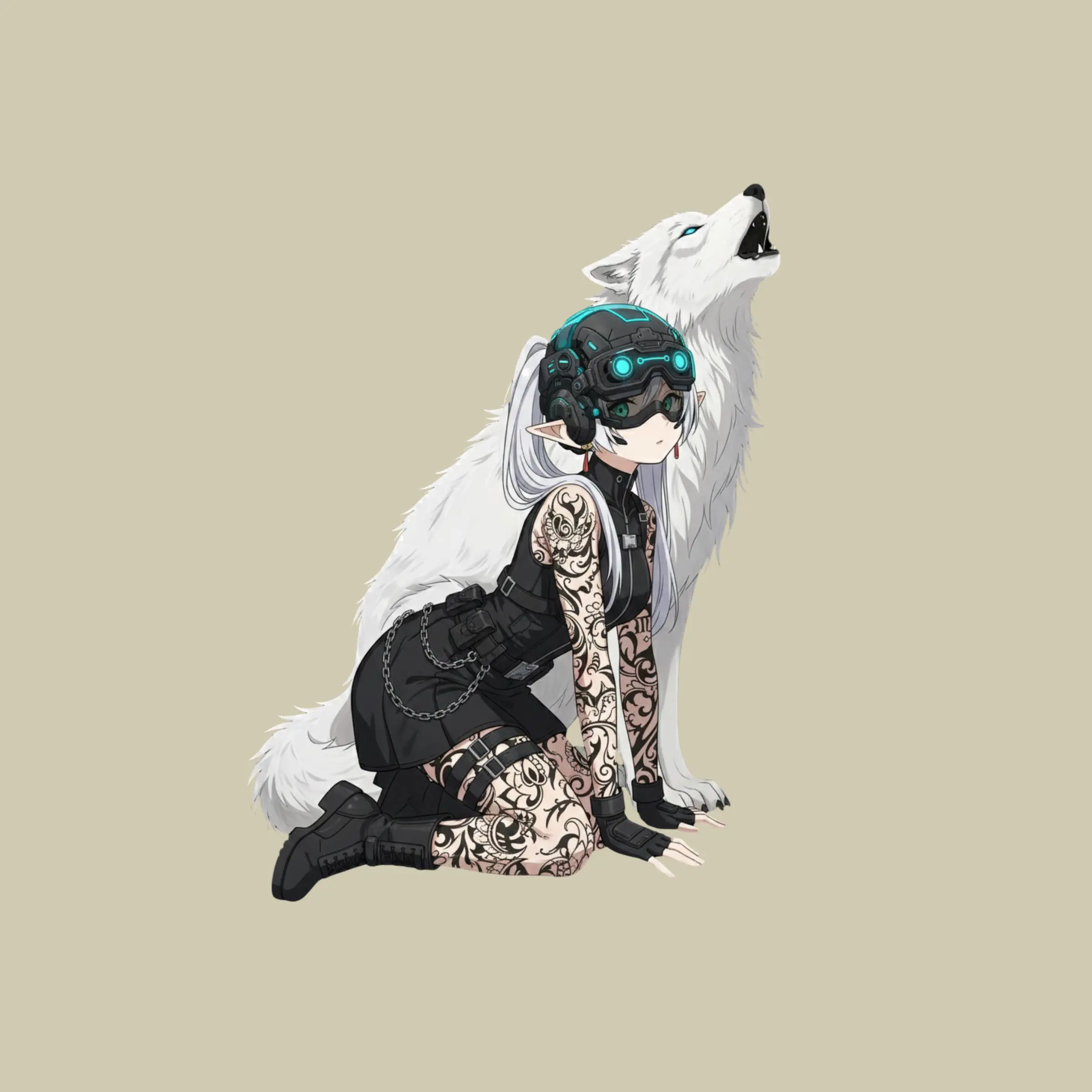 Frieren Anime Elf Tactical Girl with White Wolf Sticker, Cyber Helm ...