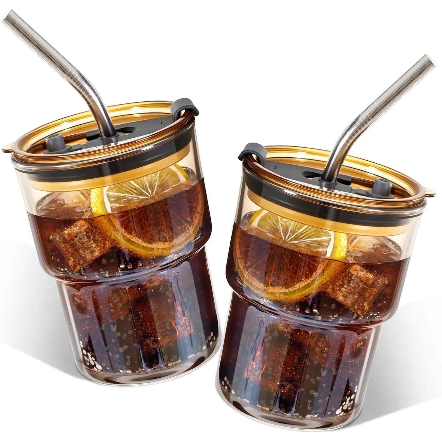 2 Packs Glass Tumbler with Lid and Straw 13 oz Cute Ice Coffee Cup Set ...