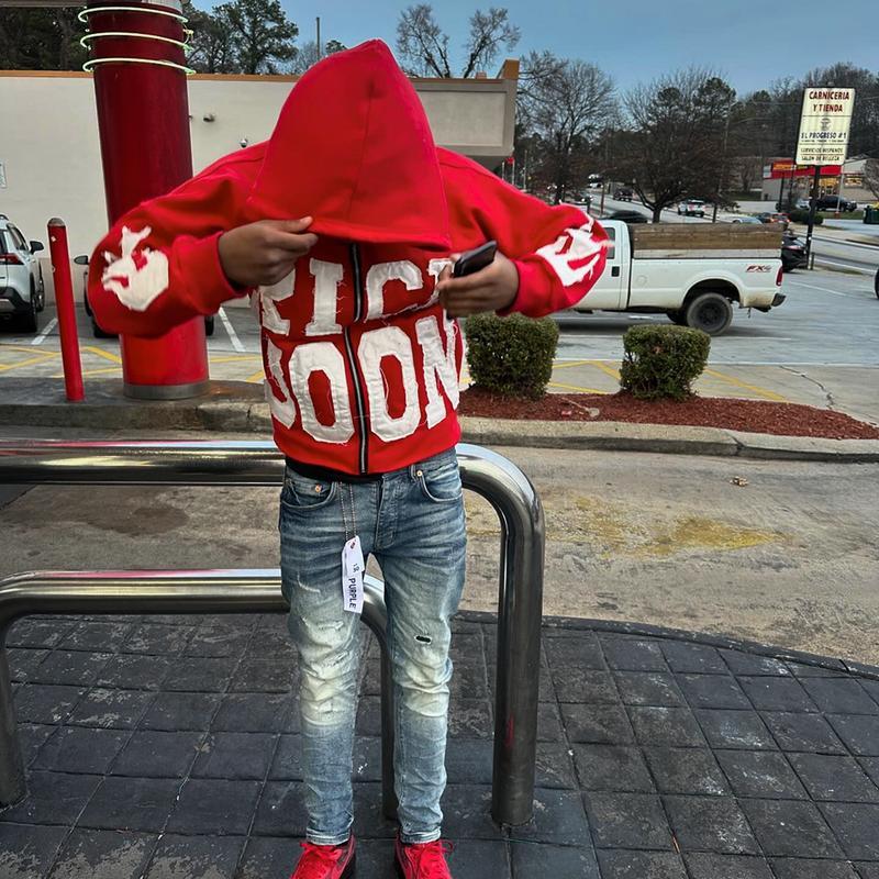 Letter Embroidery Printed Zipper Hoodie, Fun Pattern Men's Sweater, Red ...