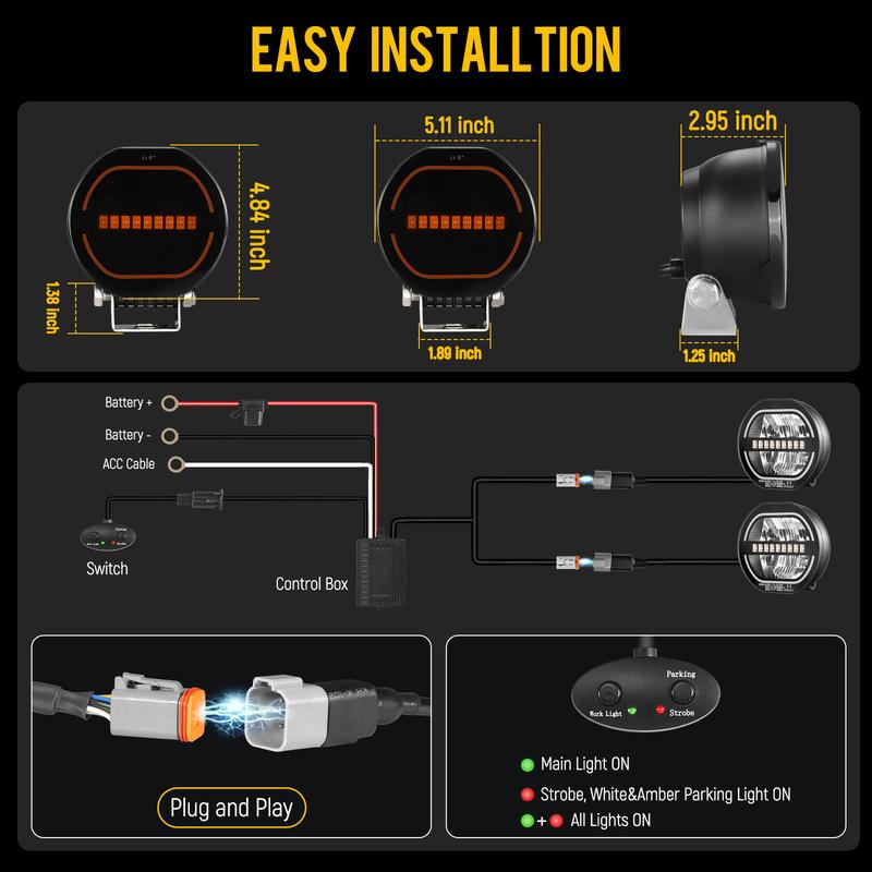 Partsam 5 Inch LED Round Lights Pods, Offroad Driving with Strobe Light ...