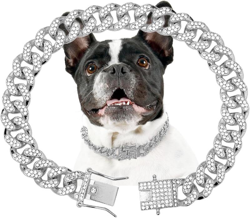 Dog Chain Collar Silver Dog Necklace Diamond Cuban Link Dog Collar 13mm ...