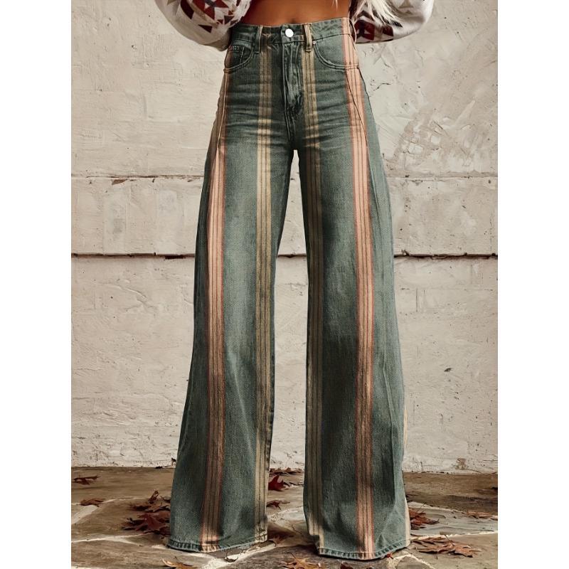 2025 new Women'S Striped Printed Thin Casual Imitation Denim Wide Leg ...