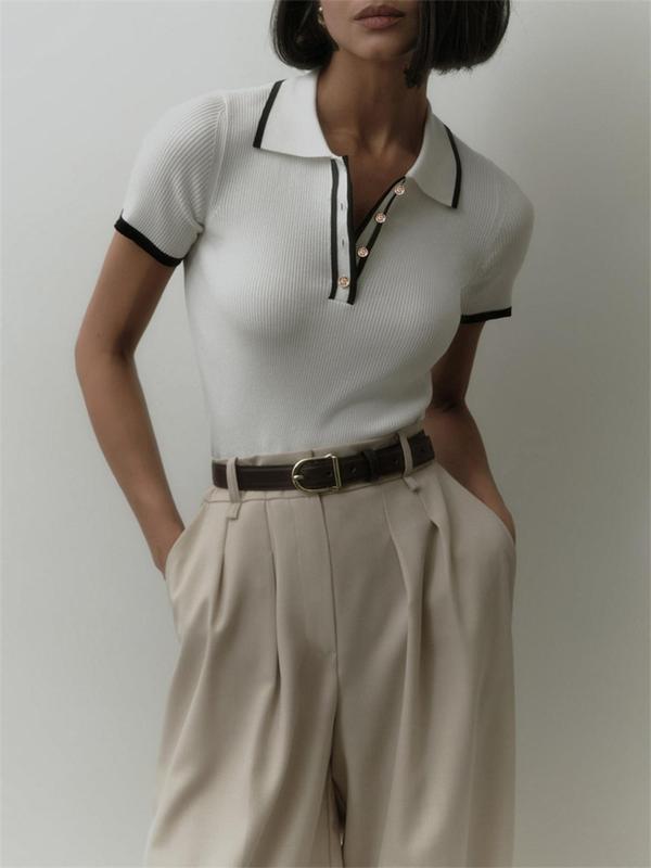 Women's Contrast Binding Polo Neck Knit Top, Casual Button Front ...