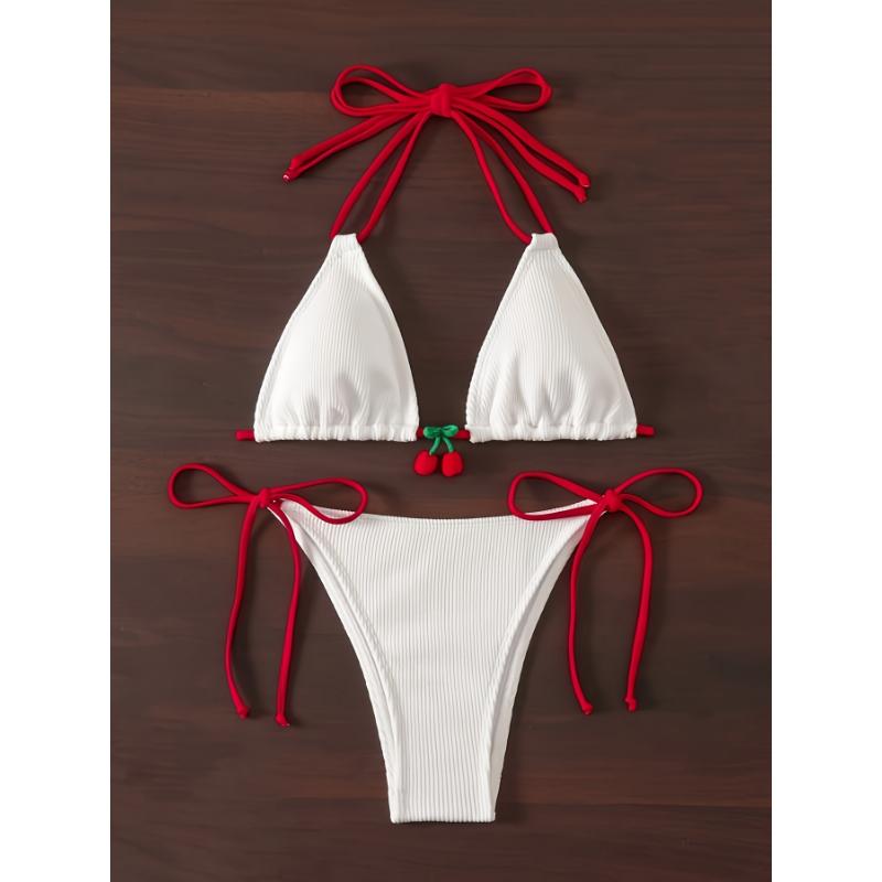2 Piece Cherry Triangle Bikini Set - High Cut, Backless, Tie Side ...