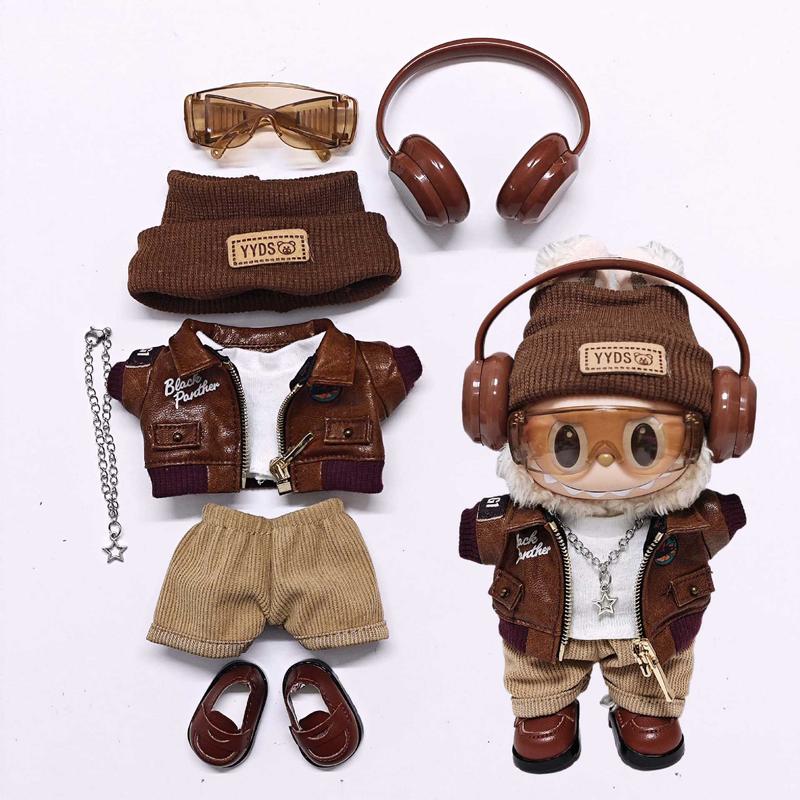 Labubu Doll Clothes Set 7PCS – Fashion Hat, Glasses, Leather Jacket Set ...