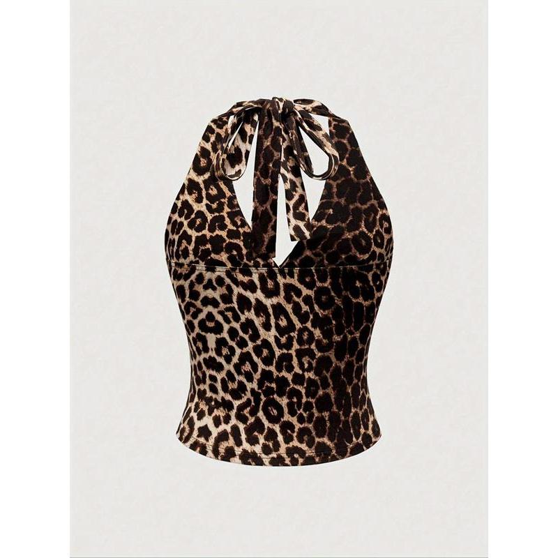 Women's Solid Color/leopard Print Halter Backless Top, Slim Casual ...