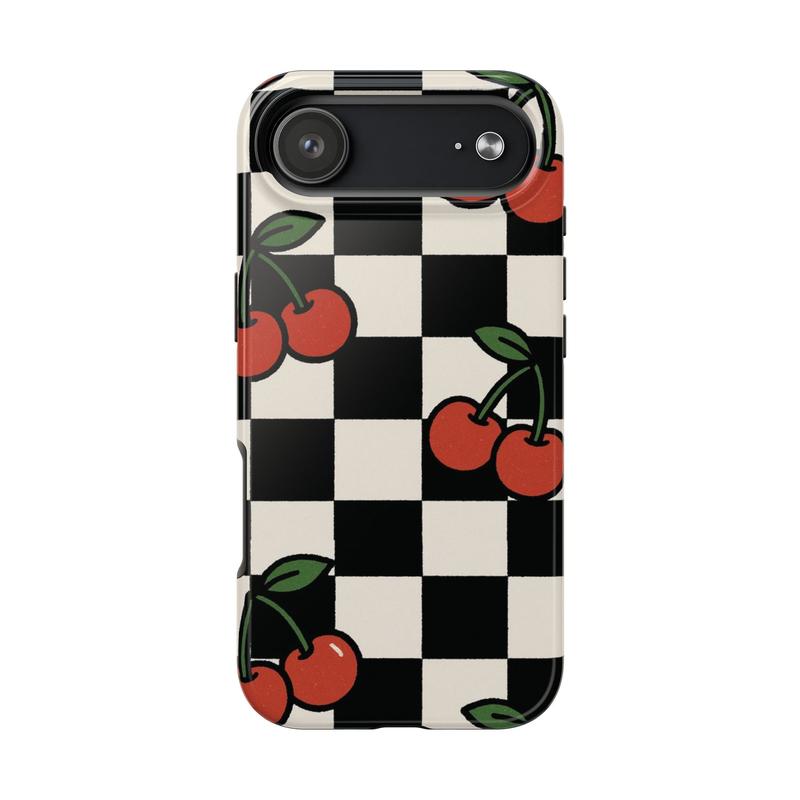 Cherry Checkerboard MagSafe Tough Phone Case, Retro Red Cherry Pattern ...