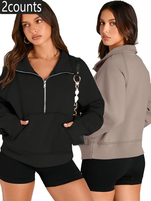 Women's Solid Zip Up Half Placket Sports Sweatshirt, Casual Long ...