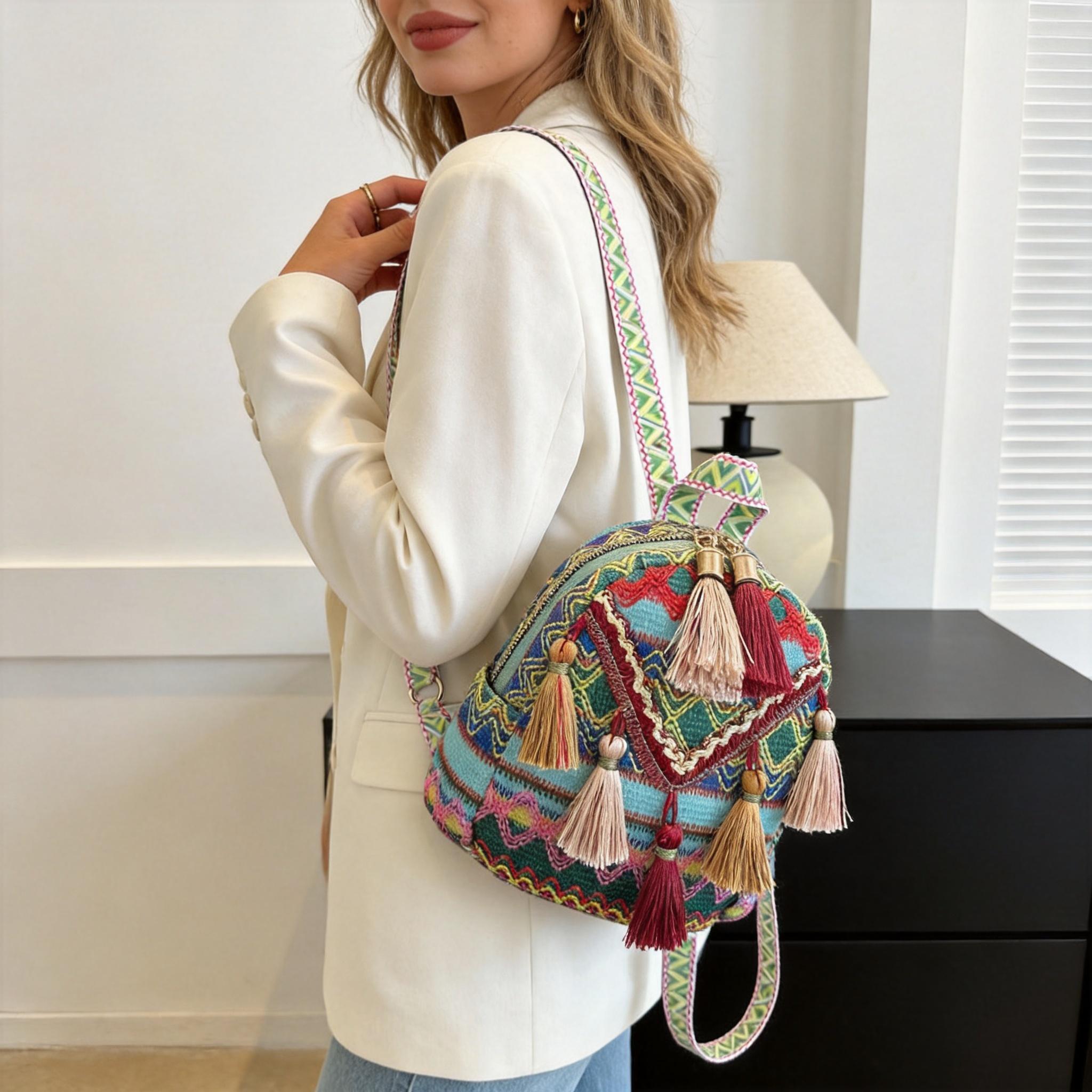 Bohemian Colorful Tassel Mini Backpack, Ethnic Style Casual Colorful ...
