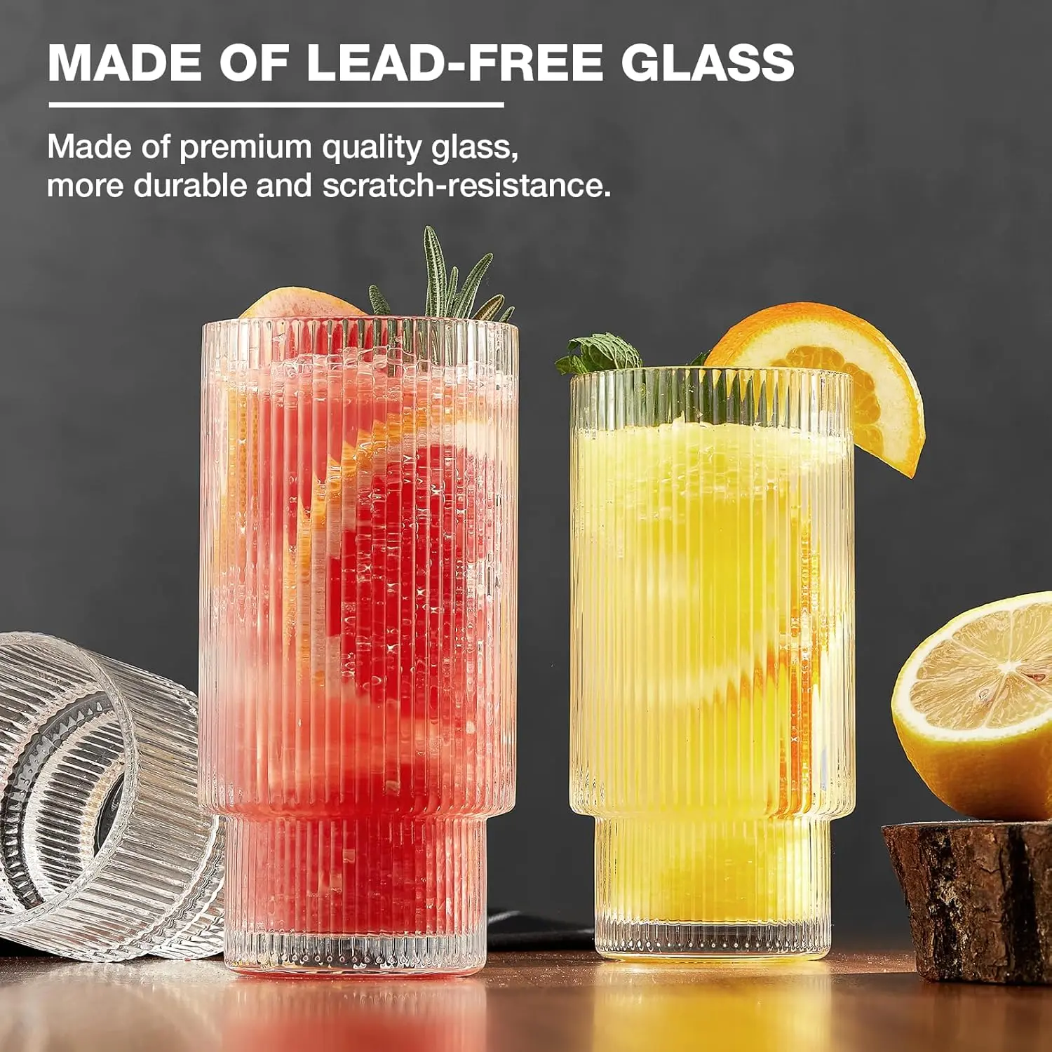 Ribbed Drinking Glasses Set of 6, 16 oz Vintage Glass Cups, Highball ...