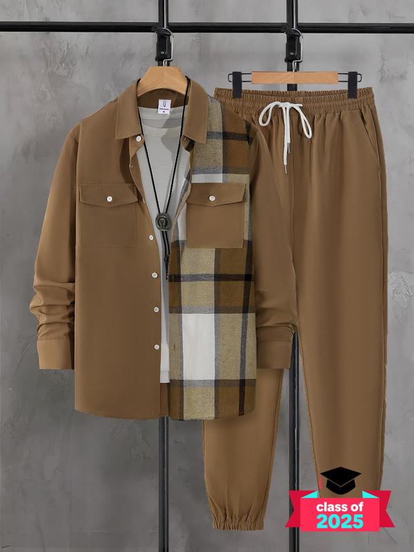 【Plus Size】 Men's Plaid Print Button Front Shirt & Drawstring Waist ...