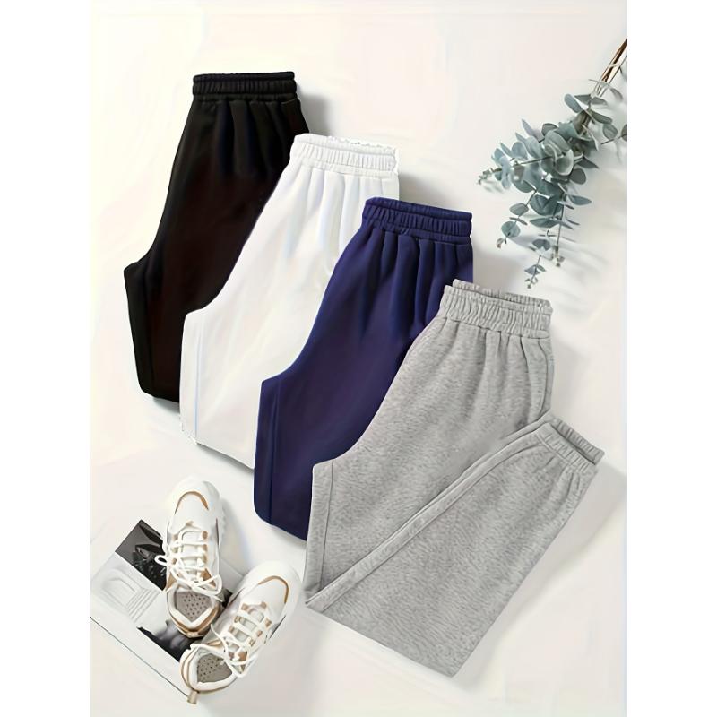 Solid Color Simple Sweatpants 4-pack, Versatile Elastic Waist Joggers ...
