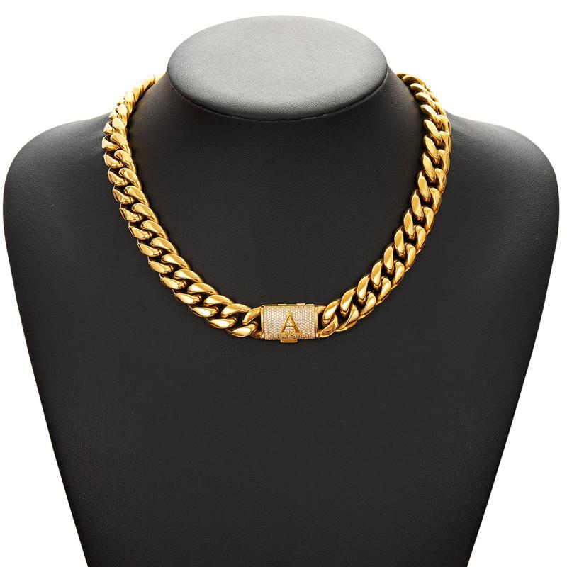 14mm Miami Cuban Link Initial Letter A-Z Necklace 18K Gold Plated ...