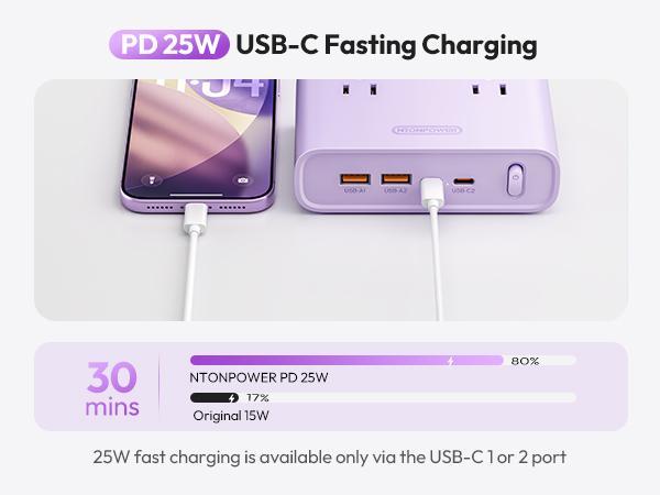 NTONPOWER Desk Power Strip with USB C, Purple Flat Plug 8-in-1 (4 AC ...