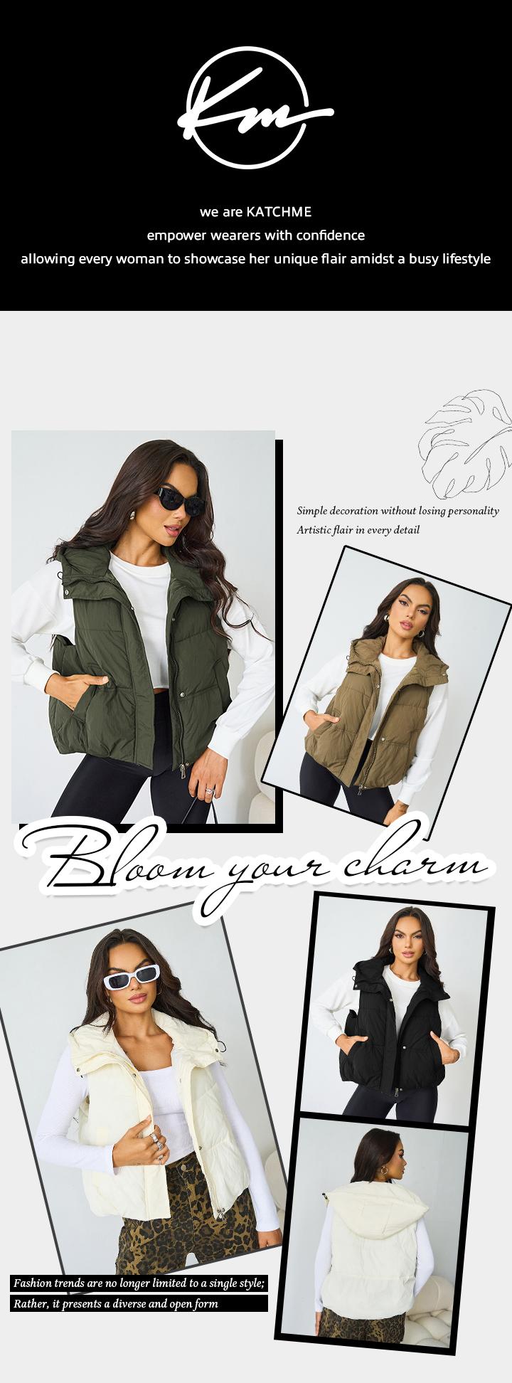 KatchMe Women's Street Solid Color Hooded Zip-Up Thermal Vest, Chic Sleeveless Outerwear for ...