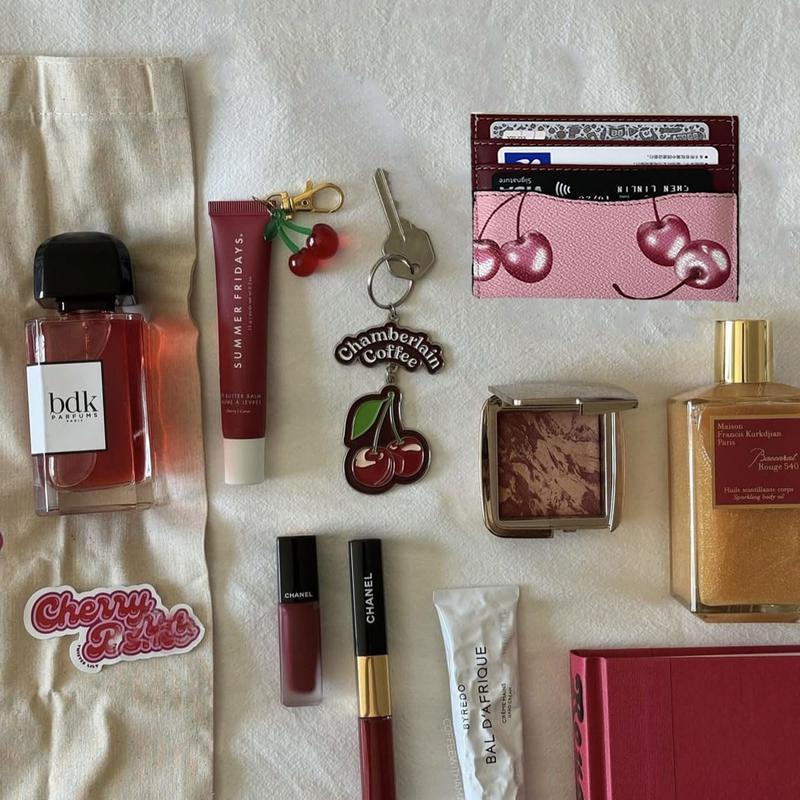 Slim Leather Card Holder for Women with Cherry Print, Compact Red ...