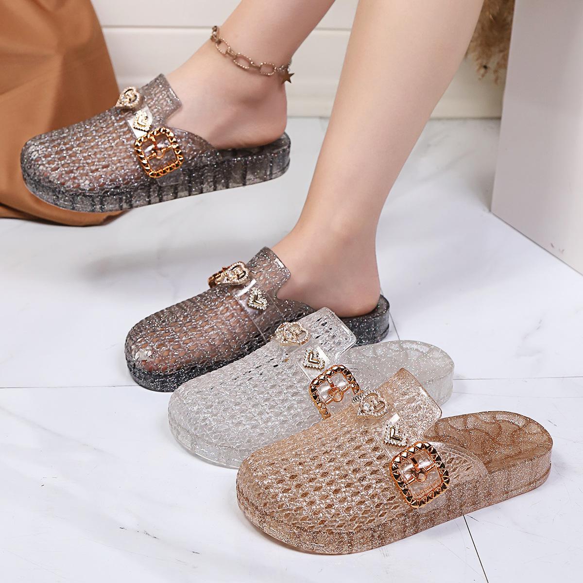 Waterproof Women's Transparent Glitter Jelly Slides Breathable Hollow ...