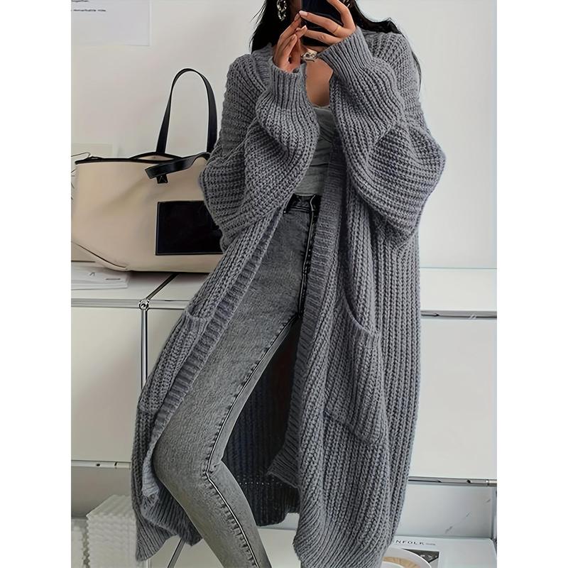 Solid Color Open Front Knitted Cardigan - Casual Long Sleeve Long ...