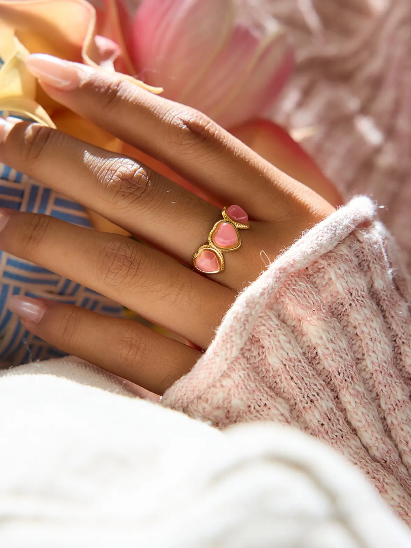 Ladies Ring Pink Cat s Eye Stone Heart Opening Adjustable Stainless ...