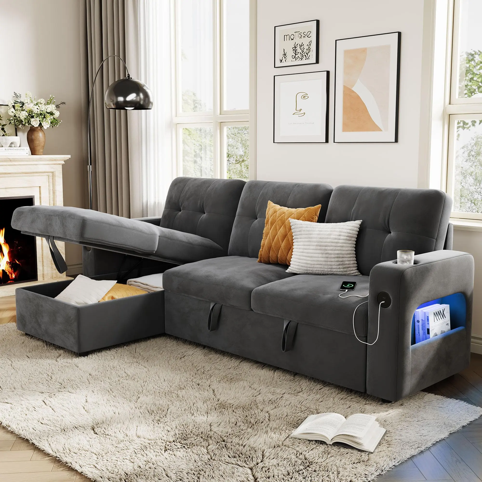 Garvee 84 Inch Sleeper Sofa Couch, L-Shaped Sofa, Convertible Pull Out ...