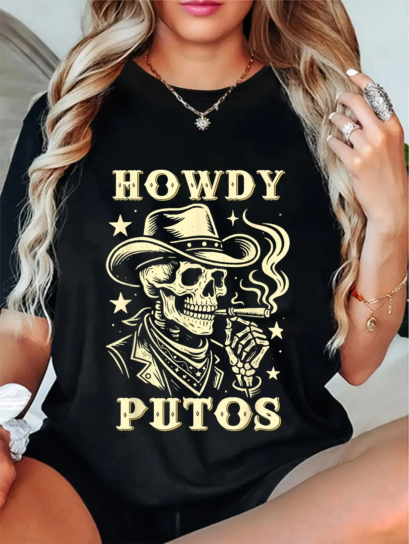 100% Cotton Howdy Putos Funny Western Cowboy Skull Spanish Slang T ...